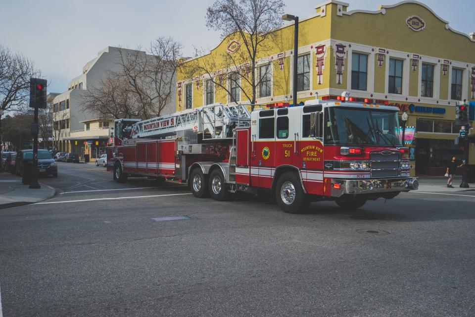 red, fire truck, emergency, intersection, street, road, city - Stock ...