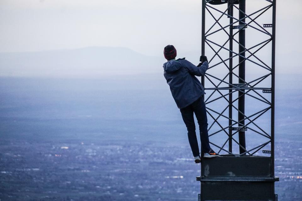 people, woman, alone, climb, tower, aerial, landscape, view, sky ...