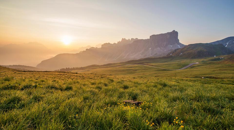 sunset, landscape, nature, grass, field, mountains, hills, valleys ...