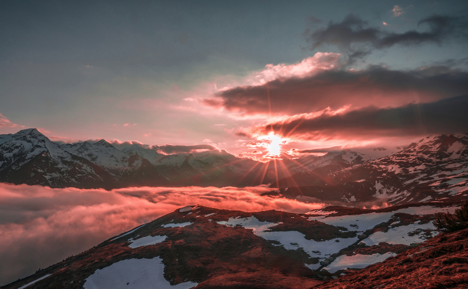 mountains, sunrise, sun, sky, clouds, fog, nature, alps, dawn, nature ...